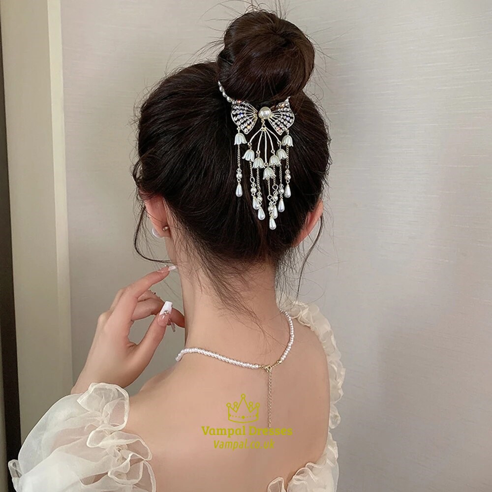 Style A Trendy Pearl Rhinestone Tassel Hair Claw: Elevate Your ...