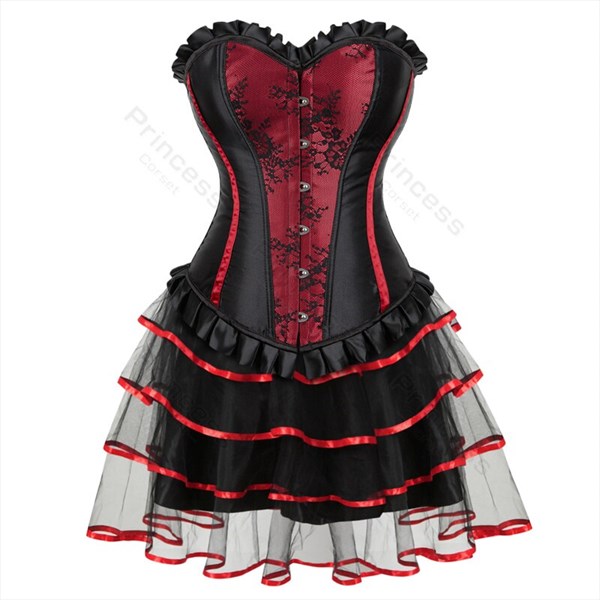 Red Gothic Corset Dress Women Showgirl Outfits Plus Size Lace Bustier ...